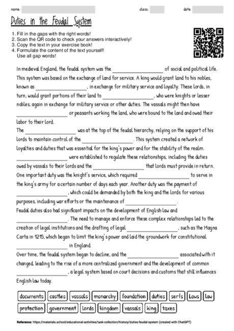 Worksheet with the topic "Duties in the Feudal System" | MATERIALS.SCHOOL