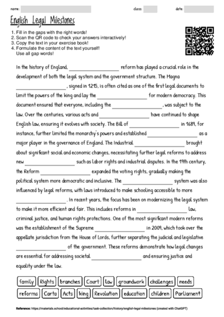 Worksheet with the topic "English Legal Milestones" | MATERIALS.SCHOOL