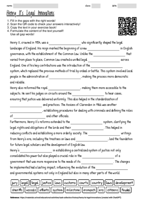Worksheet with the topic "Henry II's Legal Innovations" | MATERIALS.SCHOOL