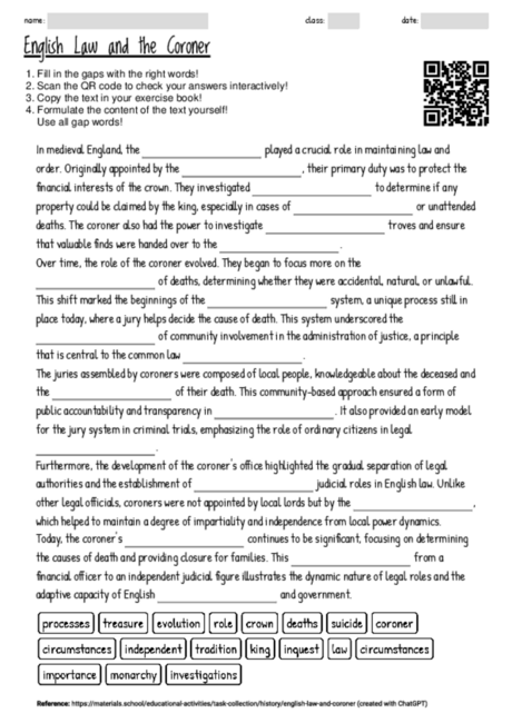 Worksheet with the topic "English Law and the Coroner" | MATERIALS.SCHOOL