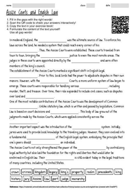 Worksheet with the topic "Assize Courts and English Law" | MATERIALS.SCHOOL