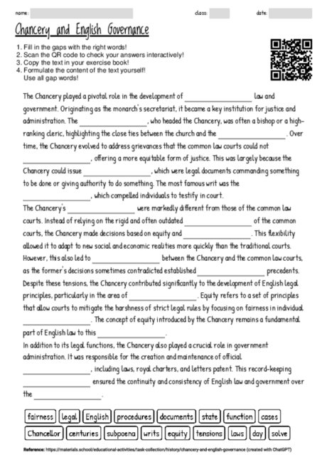Worksheet with the topic "Chancery and English Governance" | MATERIALS ...