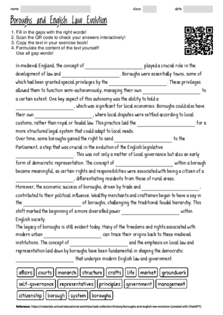 Worksheet with the topic "Boroughs and English Law Evolution ...