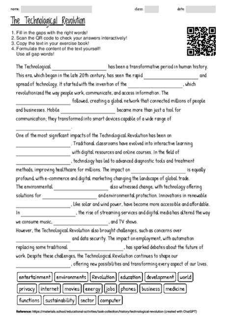 Worksheet with the topic "The Technological Revolution" | MATERIALS.SCHOOL