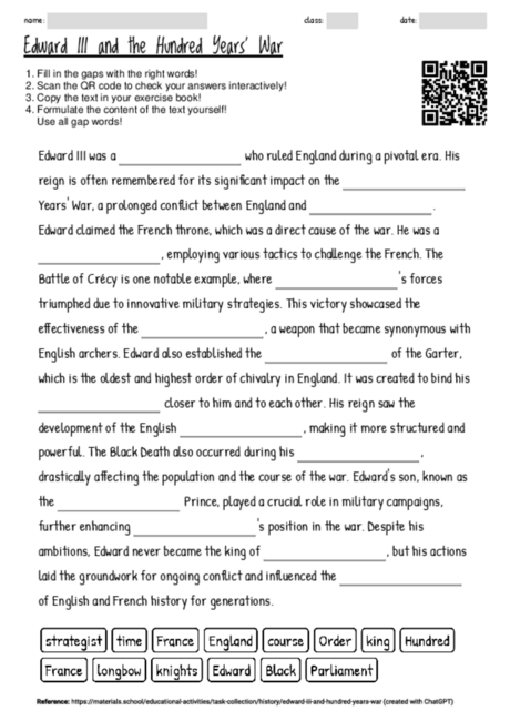 Worksheet with the topic "Edward III and the Hundred Years' War ...