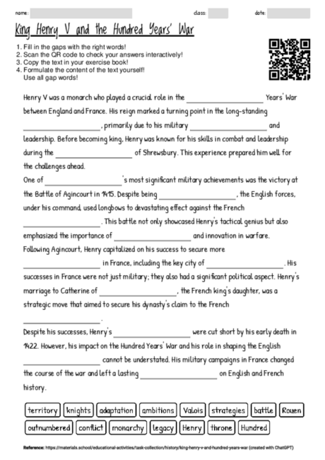 Worksheet with the topic "King Henry V and the Hundred Years' War ...