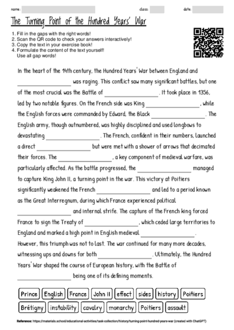 Worksheet with the topic "The Turning Point of the Hundred Years' War ...