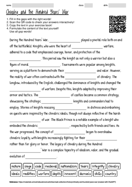 Worksheet with the topic "Chivalry and the Hundred Years' War ...