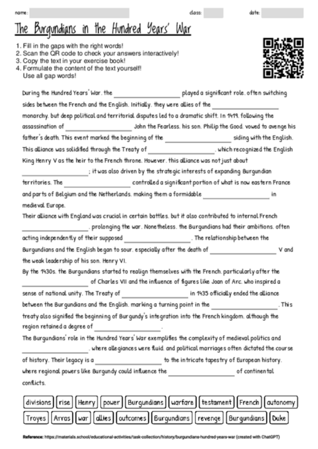 Worksheet with the topic "The Burgundians in the Hundred Years' War ...