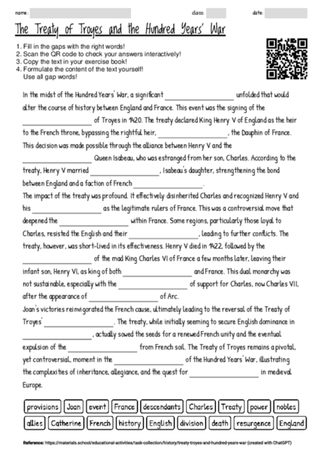 Worksheet with the topic "The Treaty of Troyes and the Hundred Years ...