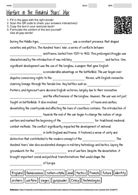Worksheet with the topic "Warfare in the Hundred Years' War ...