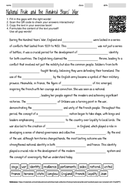 Worksheet with the topic "The Hundred Years' War Impact on National ...