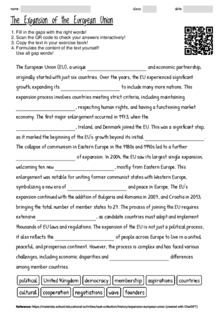 Worksheet with the topic "The Expansion of the European Union ...