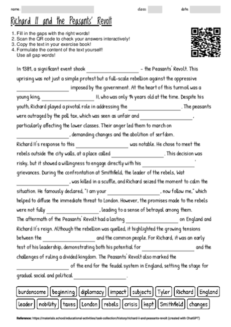 Worksheet with the topic "Richard II and the Peasants' Revolt ...
