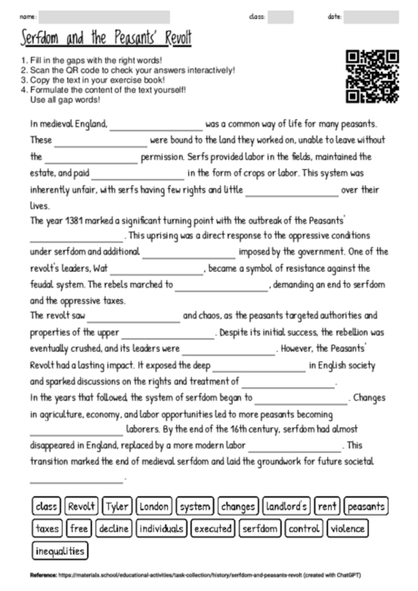 Worksheet with the topic "Serfdom and the Peasants' Revolt" | MATERIALS ...