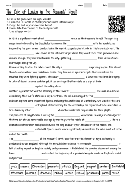 Worksheet with the topic "The Role of London in the Peasants' Revolt ...