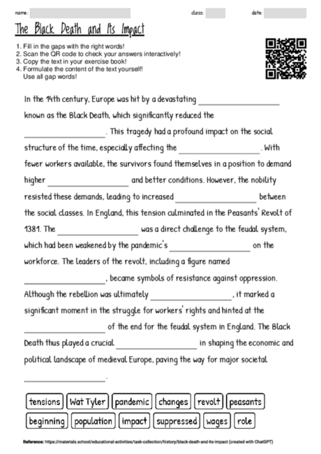 Worksheet with the topic "The Black Death and Its Impact" | MATERIALS ...