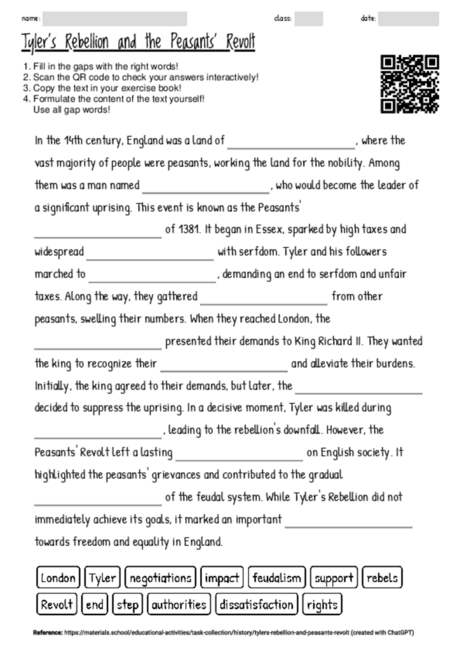 Worksheet with the topic "Tyler's Rebellion and the Peasants' Revolt ...
