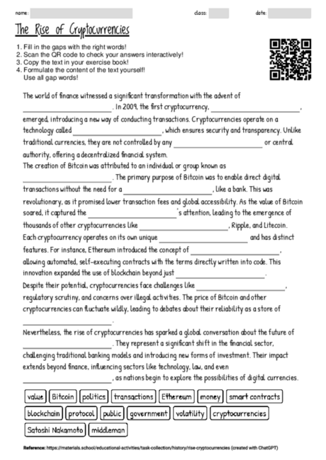 Worksheet with the topic "The Rise of Cryptocurrencies" | MATERIALS.SCHOOL