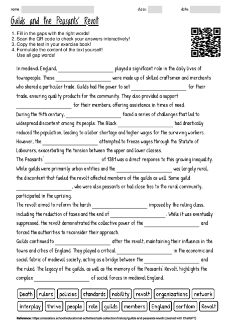 Worksheet with the topic "Guilds and the Peasants' Revolt" | MATERIALS ...