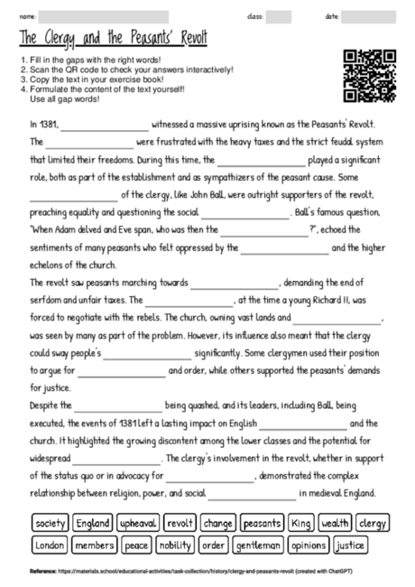 Worksheet with the topic "The Clergy and the Peasants' Revolt ...