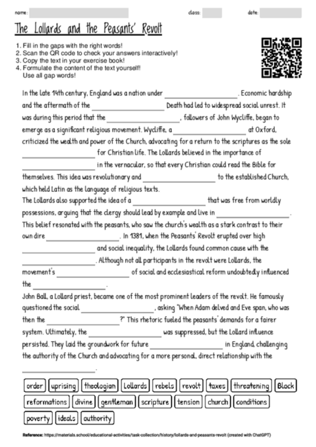 Worksheet with the topic "The Lollards and the Peasants' Revolt ...