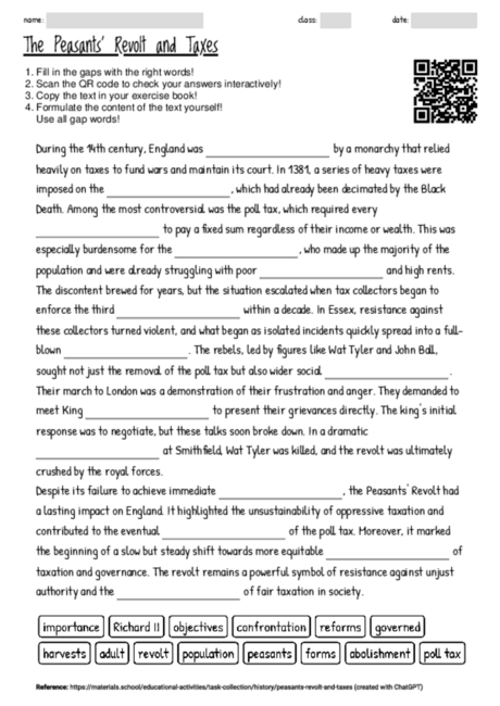 Worksheet with the topic "The Peasants' Revolt and Taxes" | MATERIALS ...