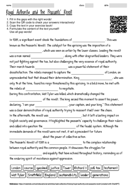 Worksheet with the topic "Royal Authority and the Peasants' Revolt ...
