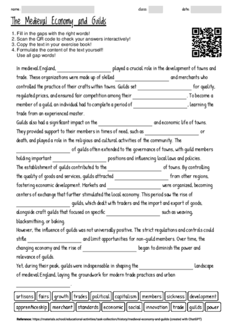 Worksheet with the topic "The Medieval Economy and Guilds" | MATERIALS ...