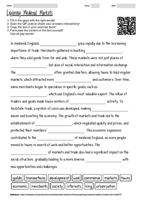 Worksheet with the topic "Exploring Medieval Markets" | MATERIALS.SCHOOL