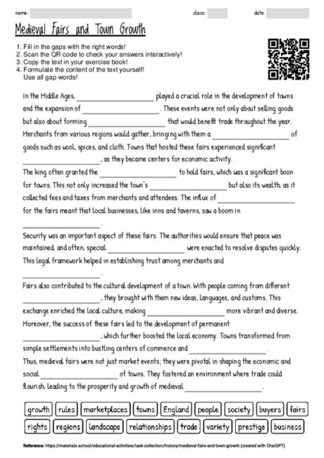 Worksheet with the topic "Medieval Fairs and Town Growth" | MATERIALS ...
