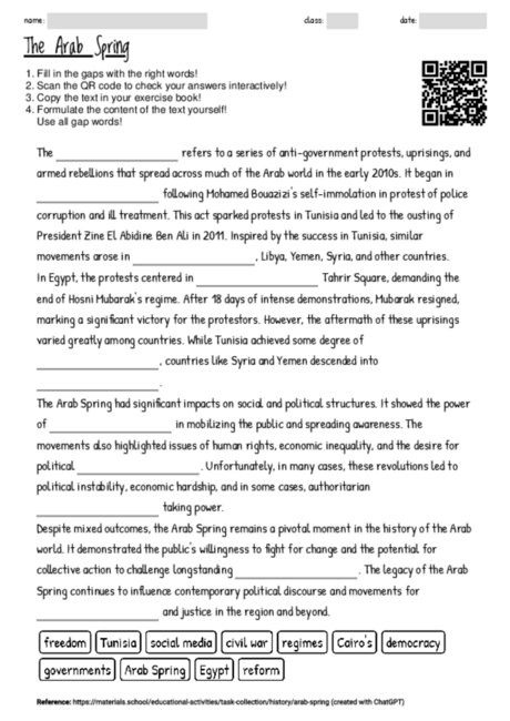 Worksheet with the topic "The Arab Spring" | MATERIALS.SCHOOL