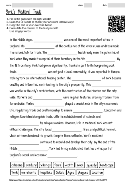 Worksheet with the topic "York's Medieval Trade" | MATERIALS.SCHOOL