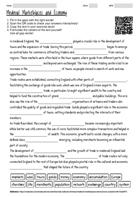 Worksheet with the topic "Medieval Marketplaces and Economy ...