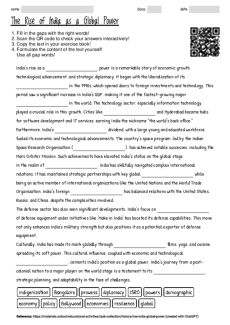 Worksheet with the topic "The Rise of India as a Global Power ...