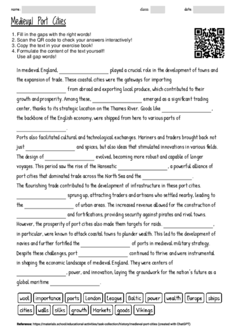 Worksheet with the topic "Medieval Port Cities" | MATERIALS.SCHOOL