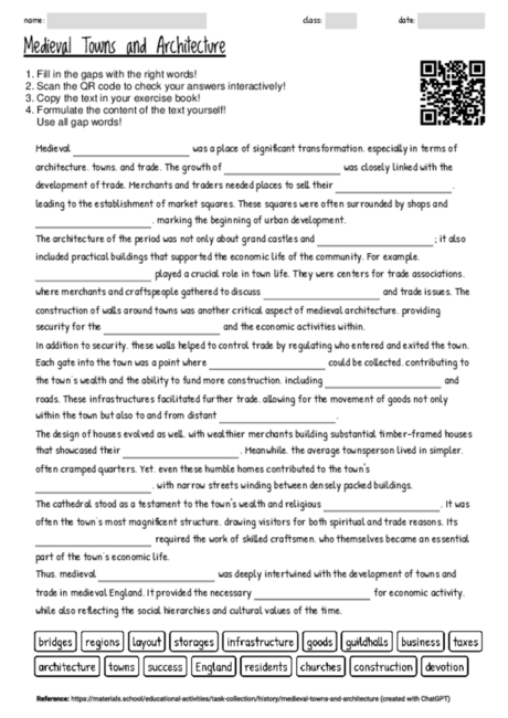 Worksheet with the topic "Medieval Towns and Architecture" | MATERIALS ...