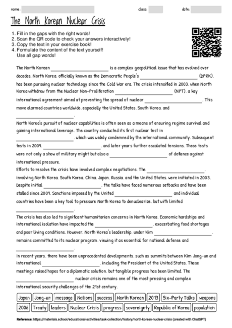 Worksheet with the topic "The North Korean Nuclear Crisis" | MATERIALS ...