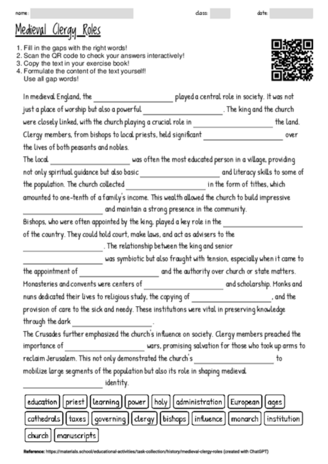 Worksheet with the topic "Medieval Clergy Roles" | MATERIALS.SCHOOL