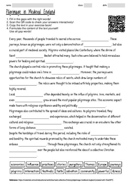 Worksheet with the topic "Pilgrimage in Medieval England" | MATERIALS ...