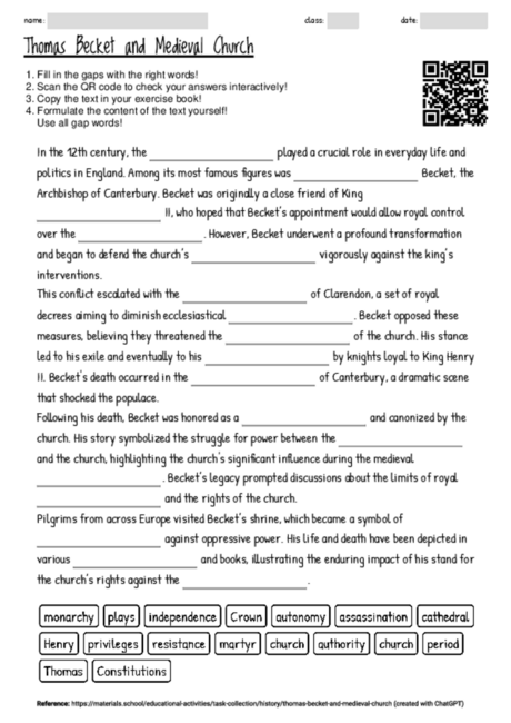 Worksheet with the topic "Thomas Becket and Medieval Church ...