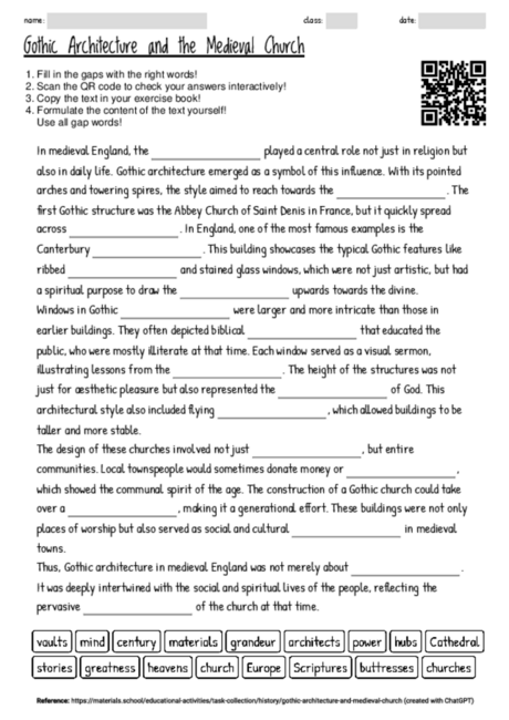 Worksheet with the topic "Gothic Architecture and the Medieval Church ...