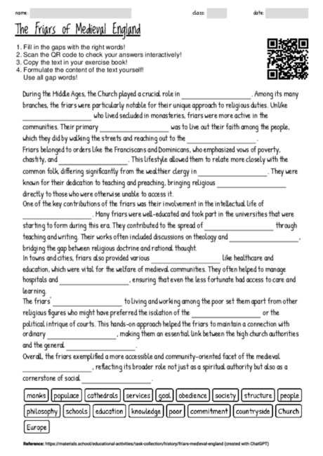 Worksheet with the topic "The Friars of Medieval England" | MATERIALS ...