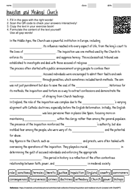 Worksheet with the topic "Inquisition and Medieval Church" | MATERIALS ...