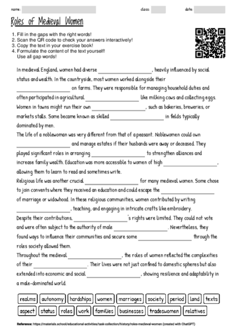 Worksheet with the topic "Roles of Medieval Women" | MATERIALS.SCHOOL