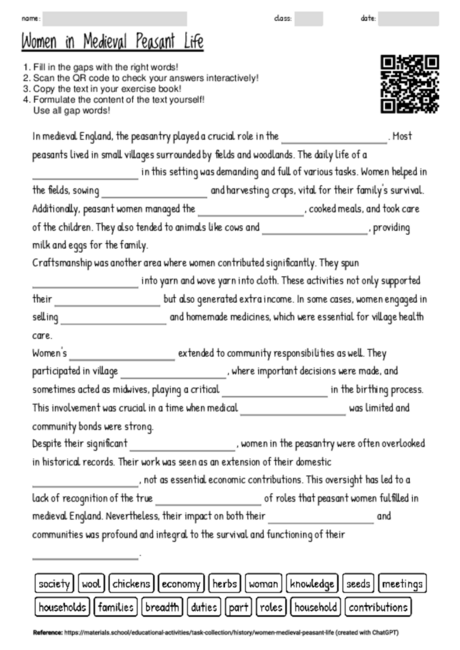 Worksheet with the topic "Women in Medieval Peasant Life" | MATERIALS ...