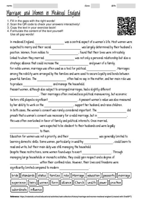 Worksheet with the topic "Marriage and Women in Medieval England ...
