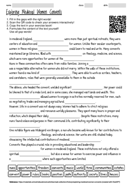 Worksheet with the topic "Exploring Medieval Women Convents ...