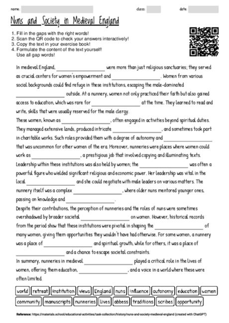 Worksheet with the topic "Nuns and Society in Medieval England ...
