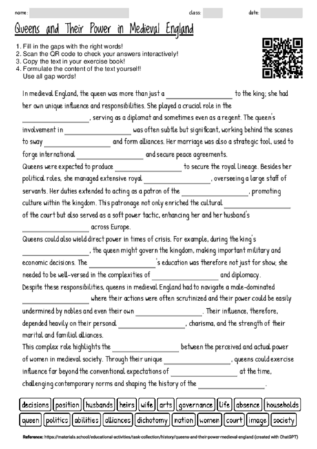 Worksheet with the topic "Queens and Their Power in Medieval England ...